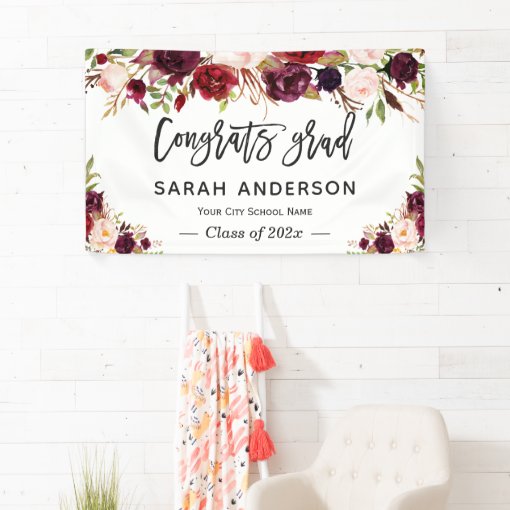 Graduation Party Banner - Rustic Burgundy Floral | Zazzle