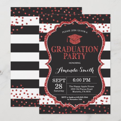 Graduation Party Black and Red Glitter Invitation | Zazzle