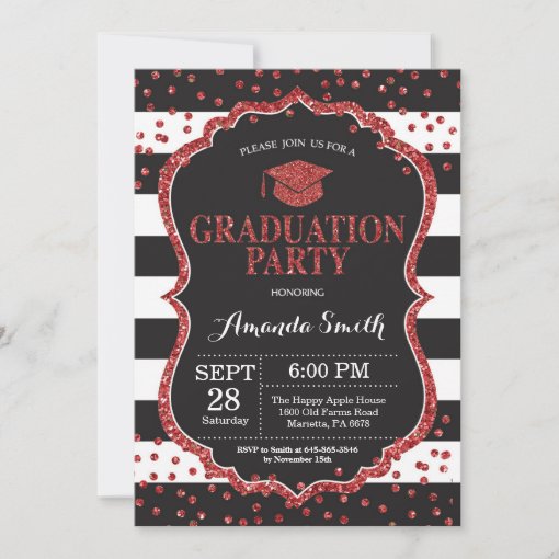 Graduation Party Black and Red Glitter Invitation | Zazzle