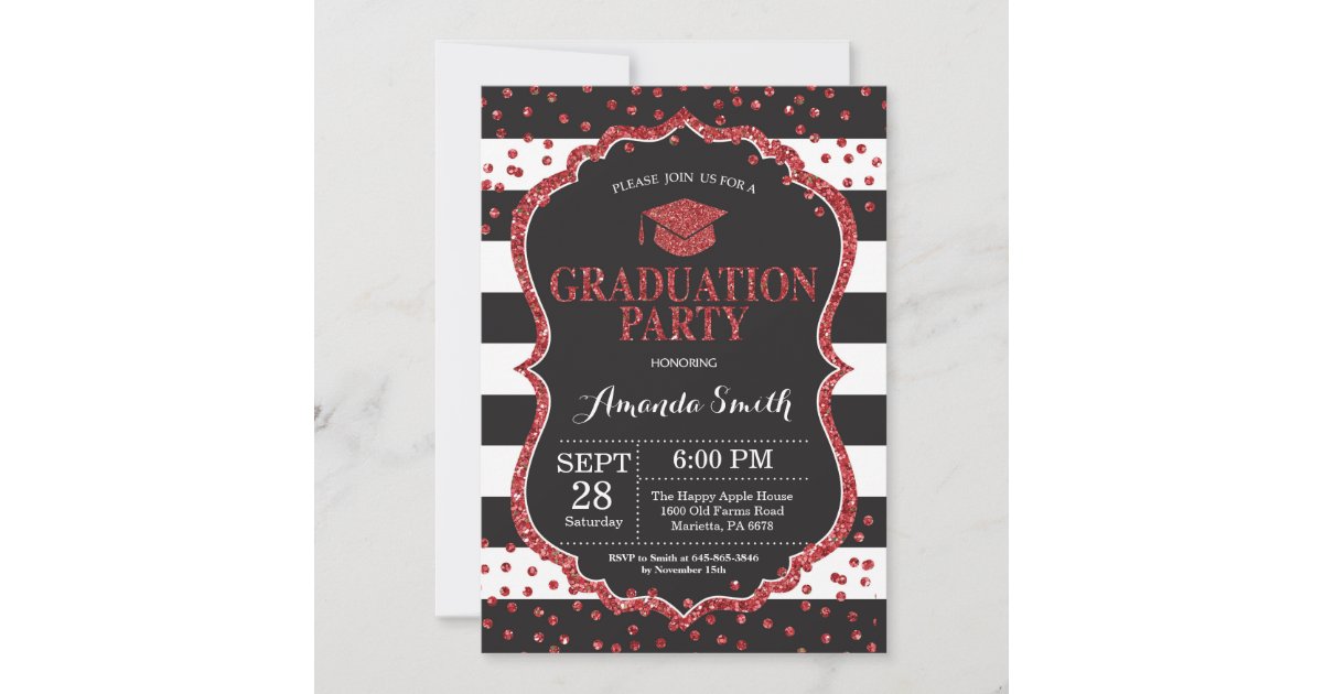 Graduation Party Black and Red Glitter Invitation | Zazzle