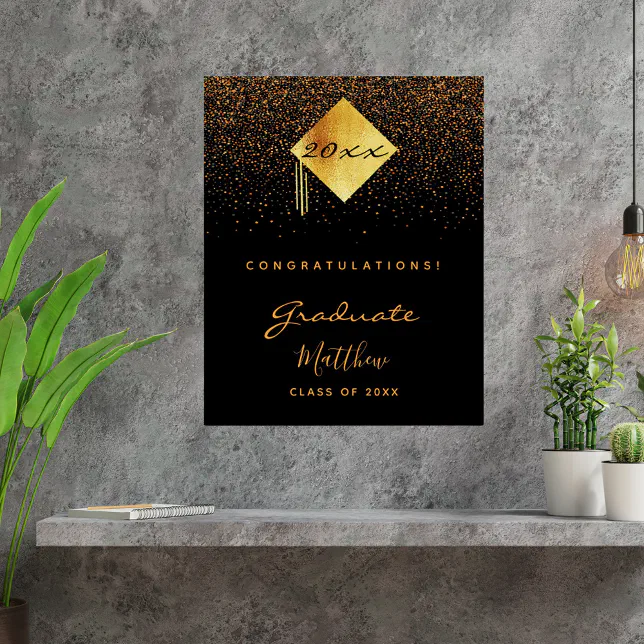 Graduation party black gold confetti graduate poster | Zazzle