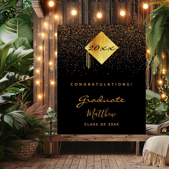 Graduation party black gold confetti graduate poster | Zazzle