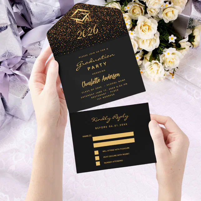 Graduation party black gold confetti RSVP All In One Invitation | Zazzle