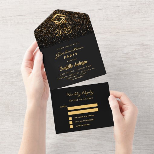Graduation party black gold confetti RSVP All In One Invitation | Zazzle