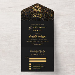 Graduation party black gold confetti RSVP All In One Invitation | Zazzle