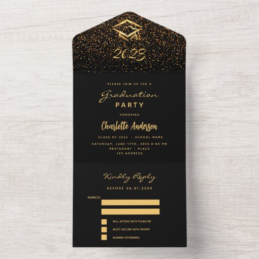 Graduation party black gold confetti RSVP All In One Invitation | Zazzle