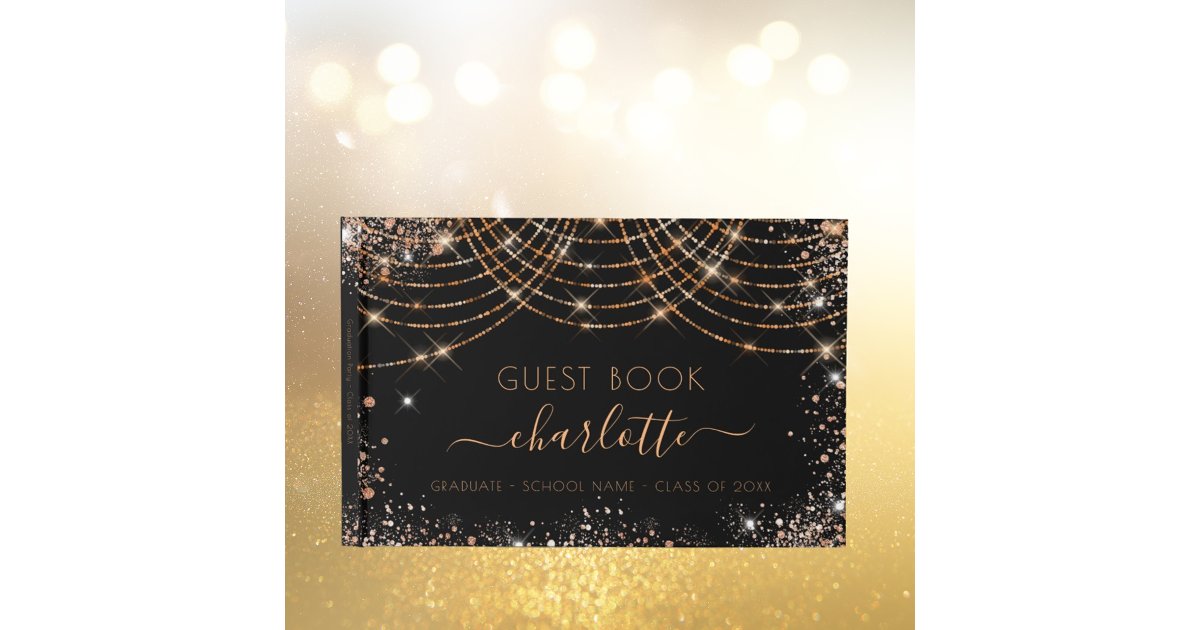 Graduation party black gold sparkles guest book | Zazzle