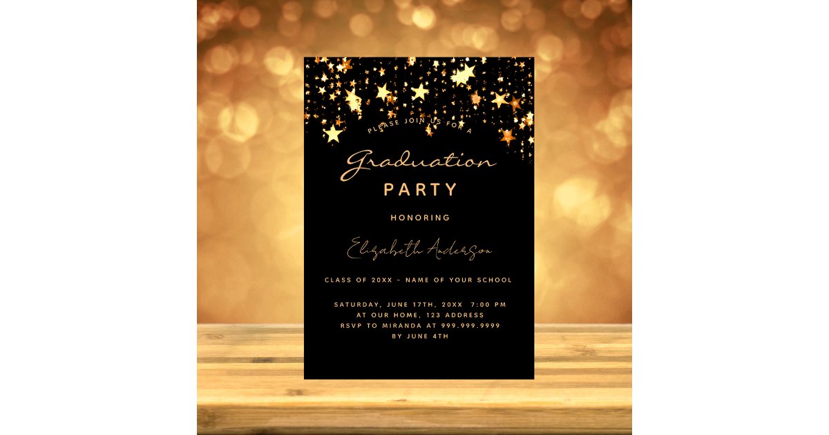 Graduation party black gold stars elegant invitation | Zazzle