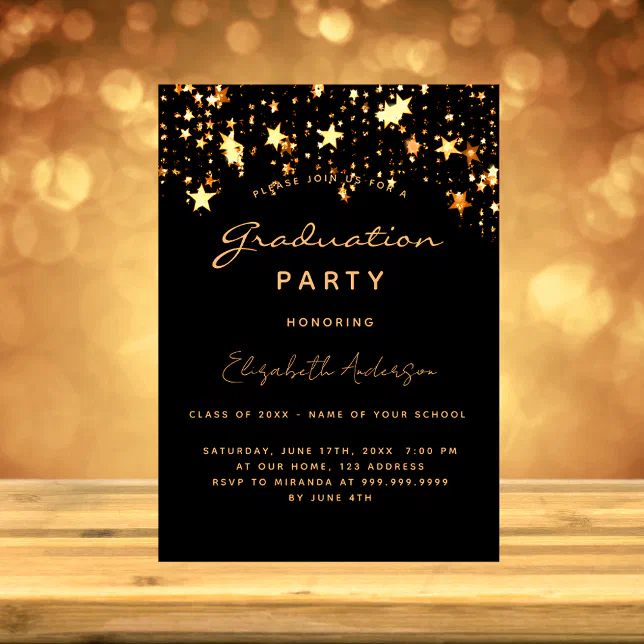 Graduation party black gold stars elegant invitation | Zazzle