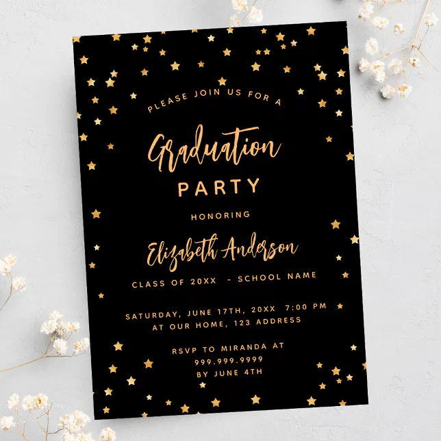 Graduation party black gold stars invitation postcard | Zazzle