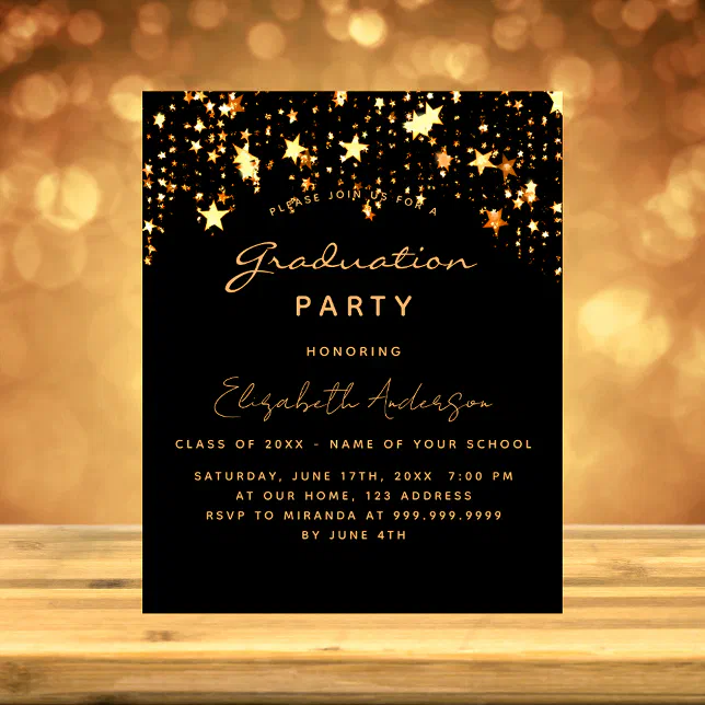 Graduation party black gold stars invitation postcard | Zazzle