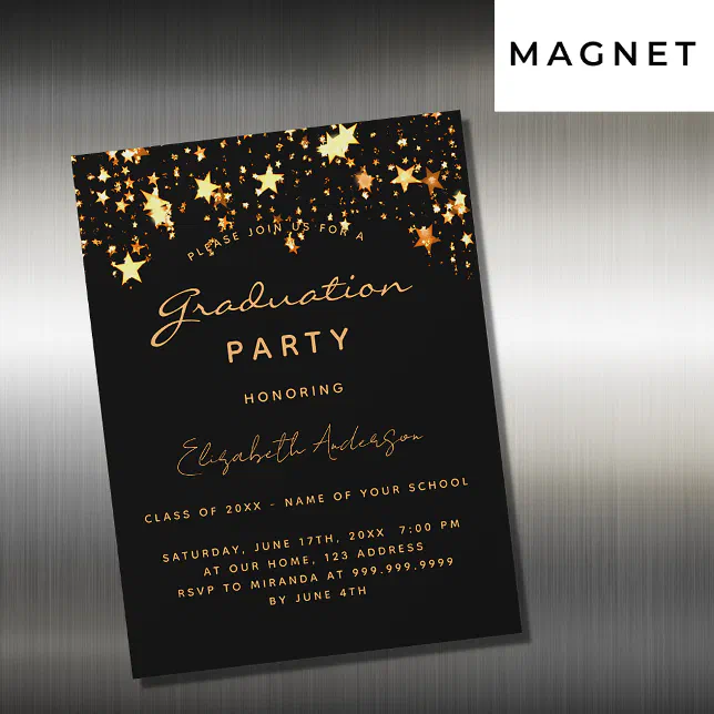 Graduation party black gold stars luxury magnetic invitation | Zazzle