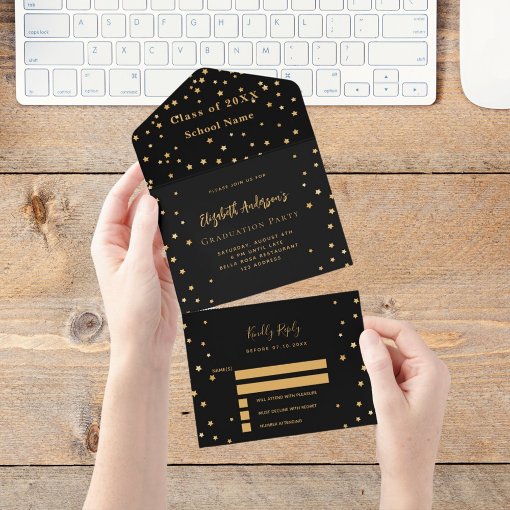 Graduation party black gold stars party RSVP All In One Invitation | Zazzle
