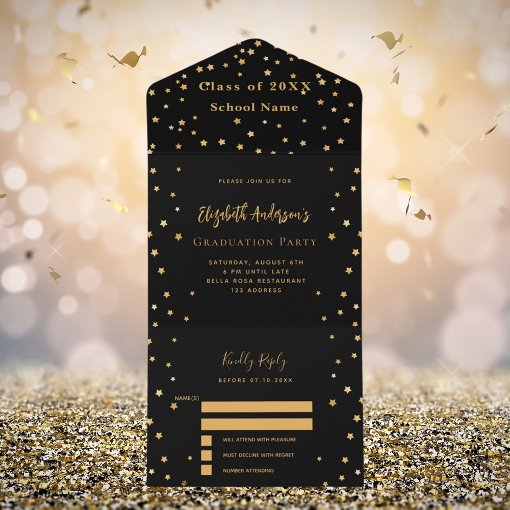 Graduation party black gold stars party RSVP All In One Invitation | Zazzle