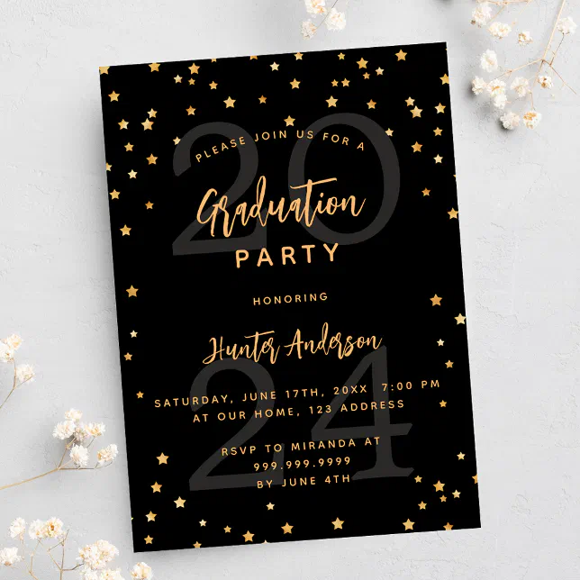Graduation party black gold stars year invitation | Zazzle