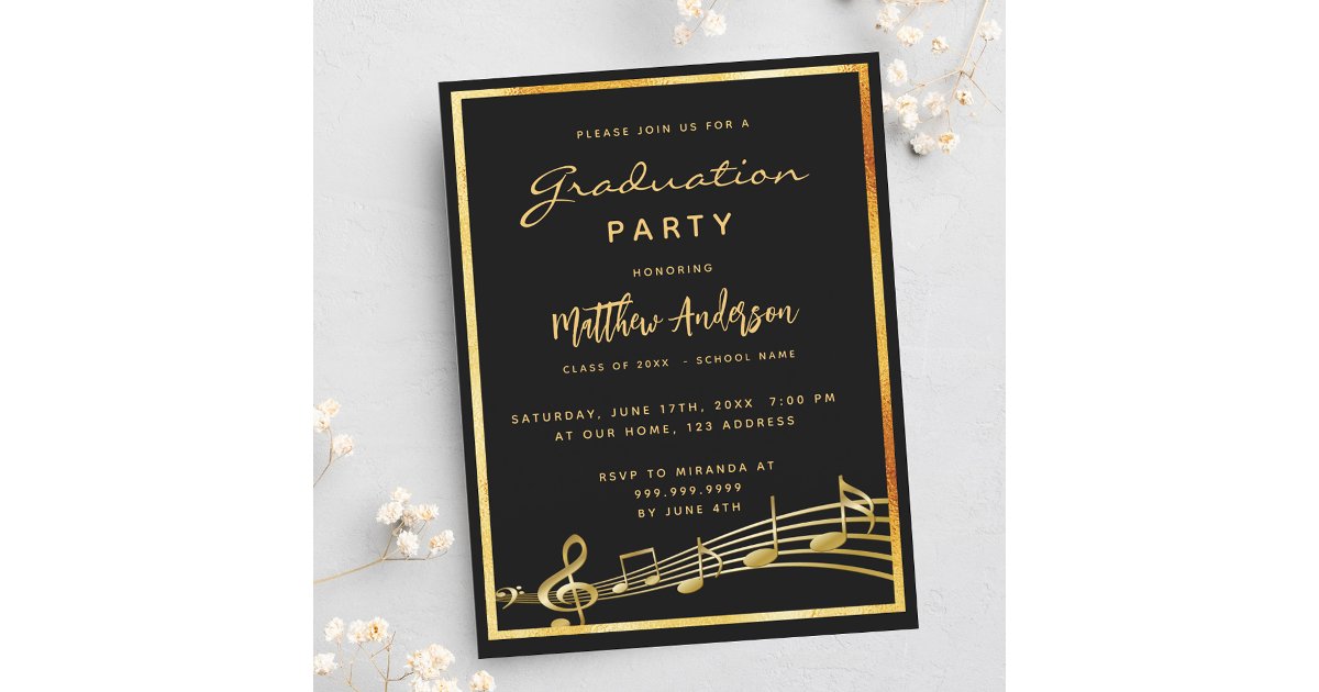 Graduation party black music gold invitation postcard | Zazzle