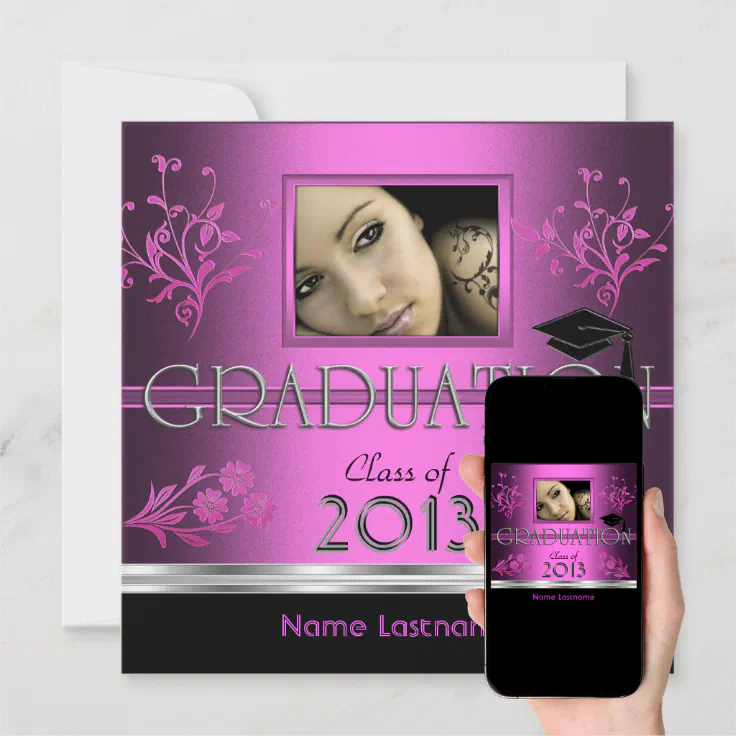 Graduation Party Black Pink Girl Photo Invitation | Zazzle
