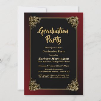 Graduation Party Black Red with Gold Frame Invitation | Zazzle