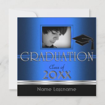 Graduation Party Black Silver Blue Photo Boy Male Invitation | Zazzle