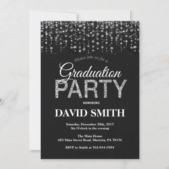 Graduation Party Black Silver Glitter Invitation | Zazzle
