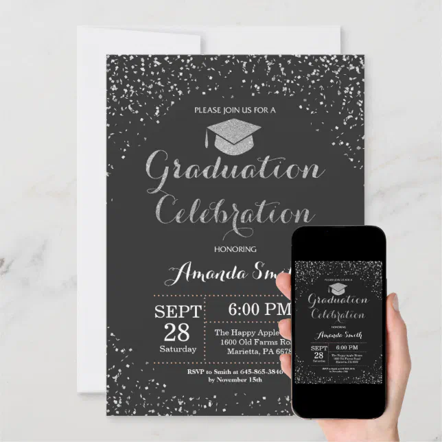 Graduation Party Black Silver Glitter Invitation | Zazzle