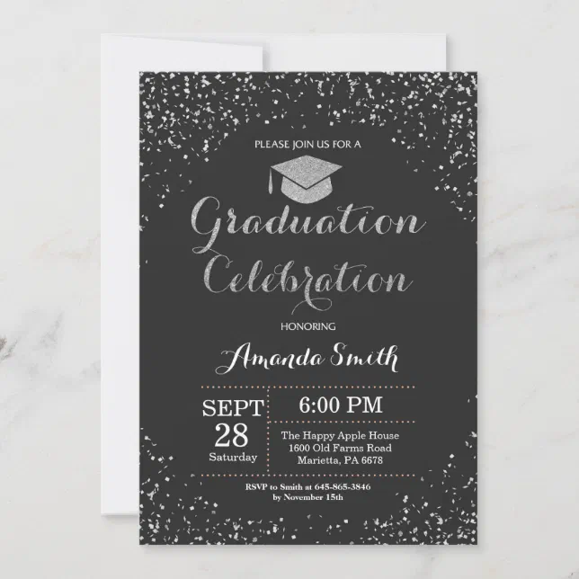 Graduation Party Black Silver Glitter Invitation | Zazzle