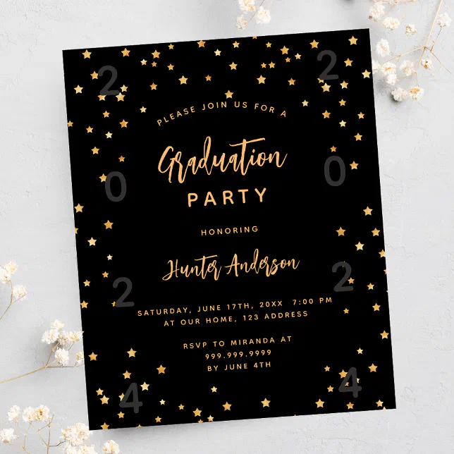 Graduation party black star year budget invitation flyer | Zazzle