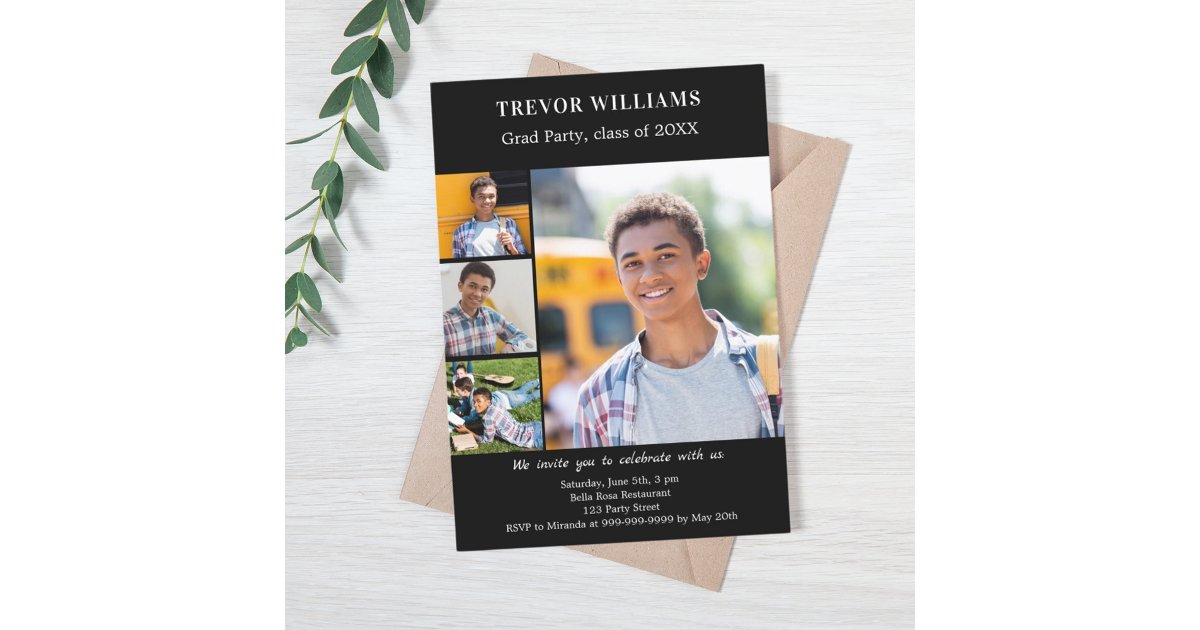 Graduation party black white photo collage invitation | Zazzle
