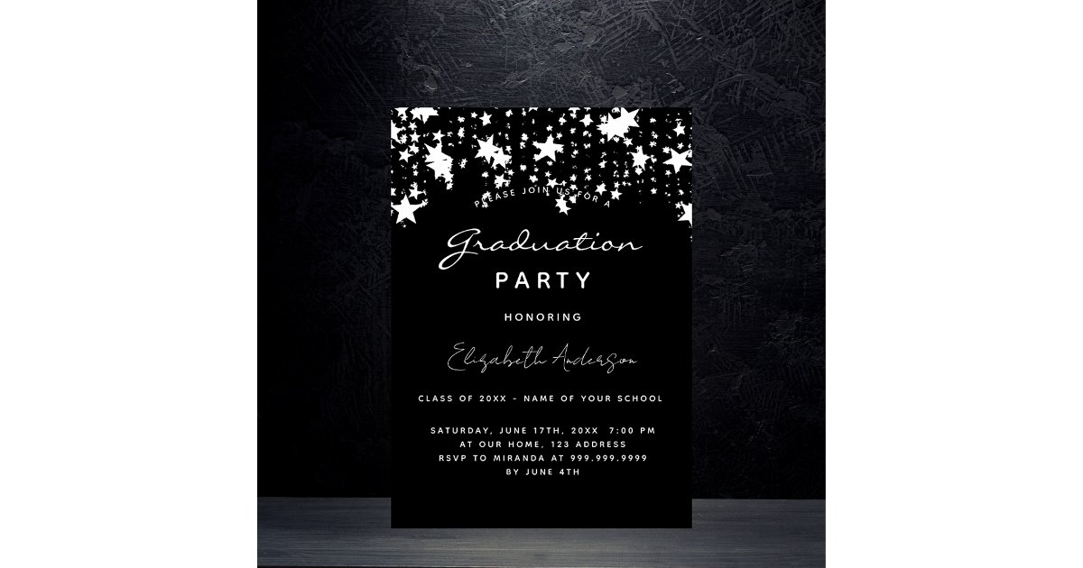 Graduation party black white stars elegant invitation | Zazzle