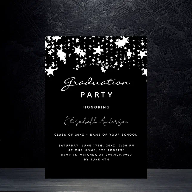 Graduation party black white stars elegant invitation | Zazzle