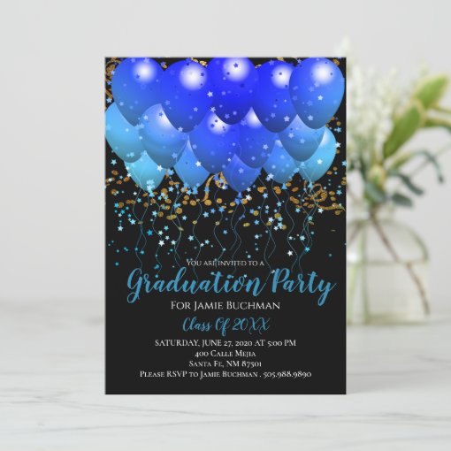 Graduation Party Blue Balloons Gold Confetti Black Invitation | Zazzle