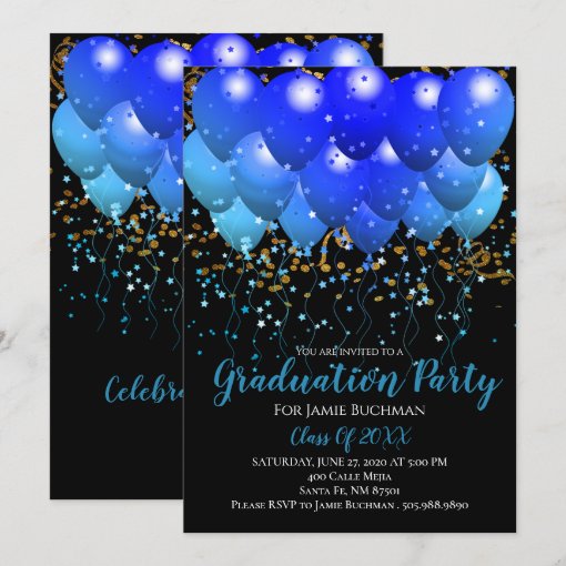Graduation Party Blue Balloons Gold Confetti Black Invitation | Zazzle