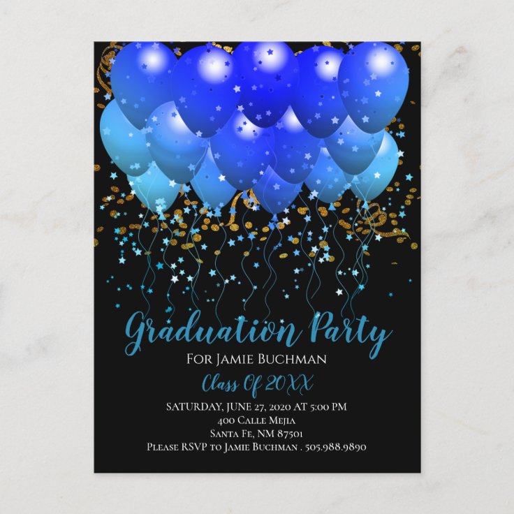 Graduation Party Blue Balloons Gold Confetti Black Invitation Postcard ...