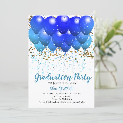 Graduation Party Blue Balloons Gold Confetti White Invitation | Zazzle