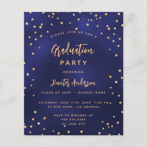 Graduation party blue gold stars budget invitation | Zazzle