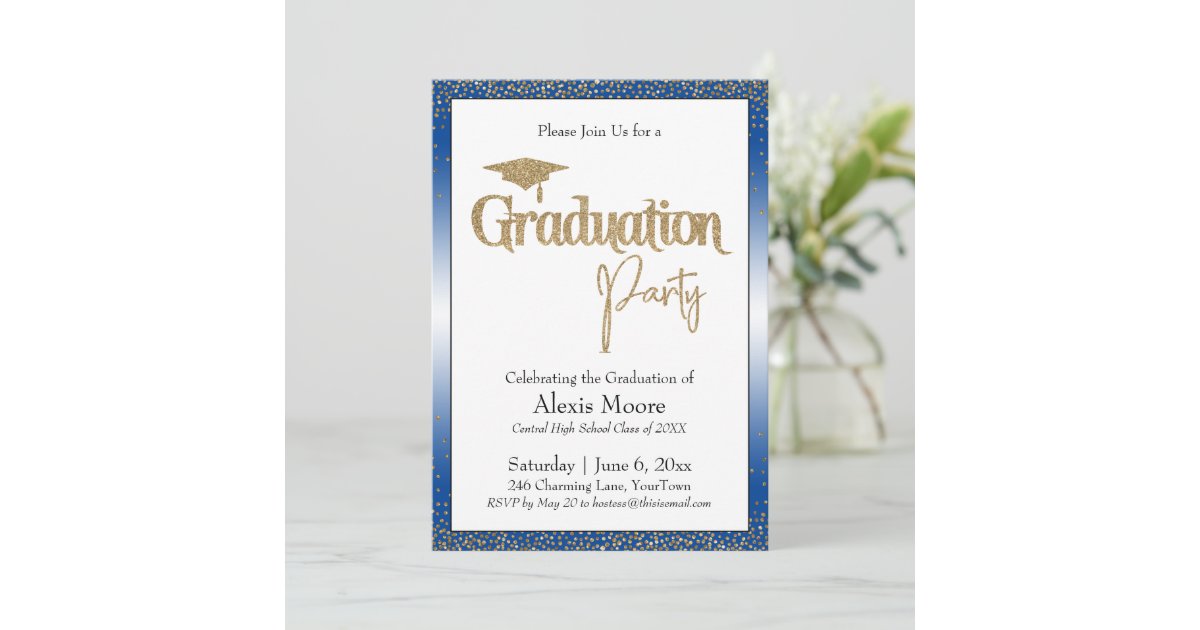 Graduation Party Blue Ombre Gold Confetti Invitation | Zazzle