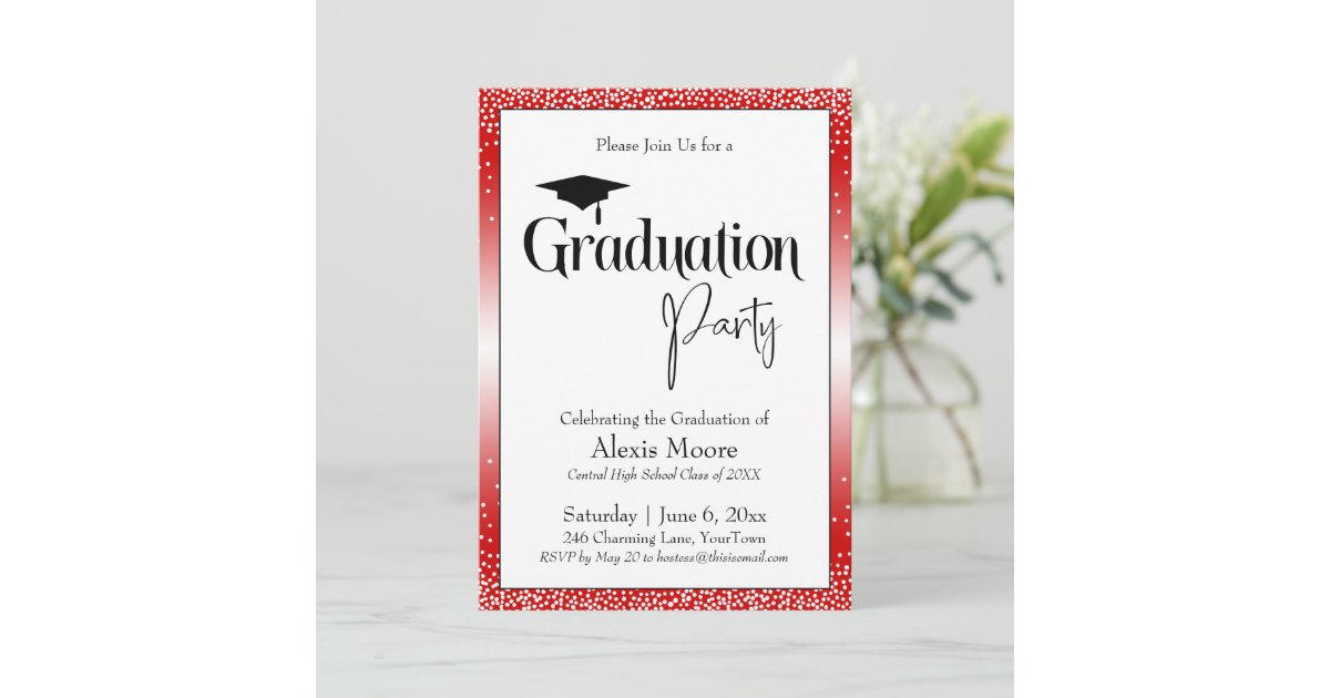 Graduation Party Bright Red Ombre Confetti Invitation | Zazzle