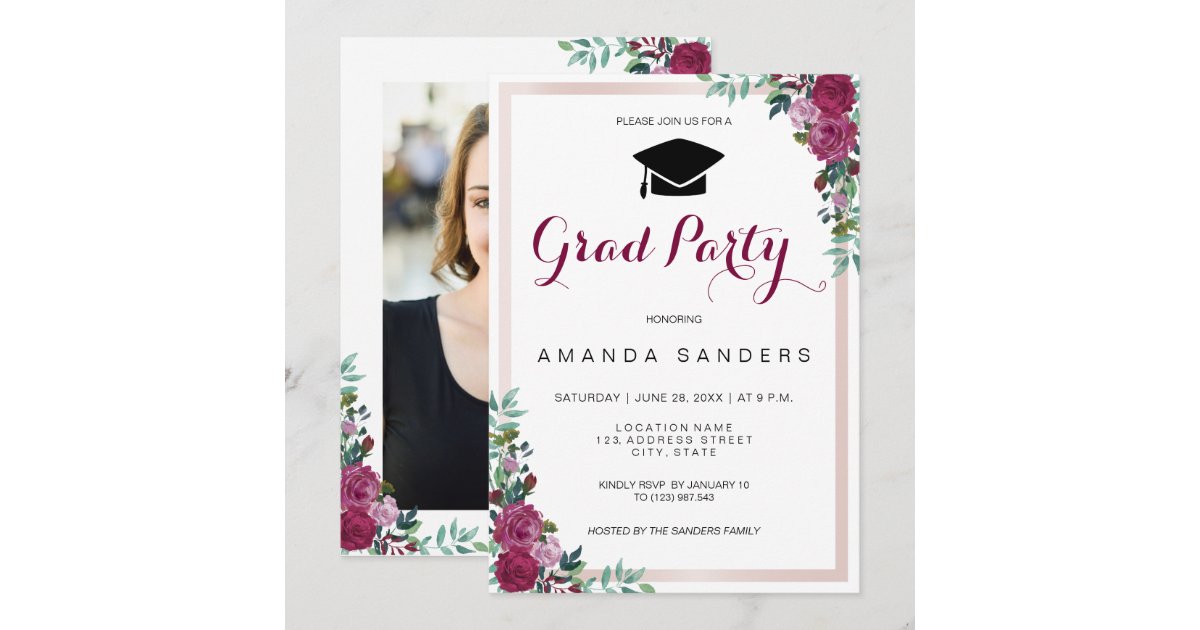 Graduation Party burgundy floral photo card | Zazzle