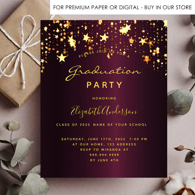 Graduation party burgundy gold stars glamorous postcard | Zazzle