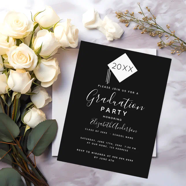 Graduation party cap black white invitation postcard | Zazzle