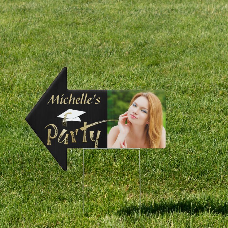 Graduation Party Cap Brush Stroke Photo Black Gold Sign | Zazzle
