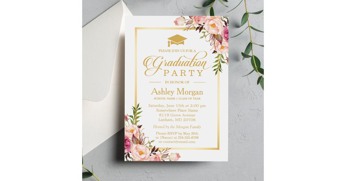 Graduation Party Chic Floral Golden Frame Invitation | Zazzle