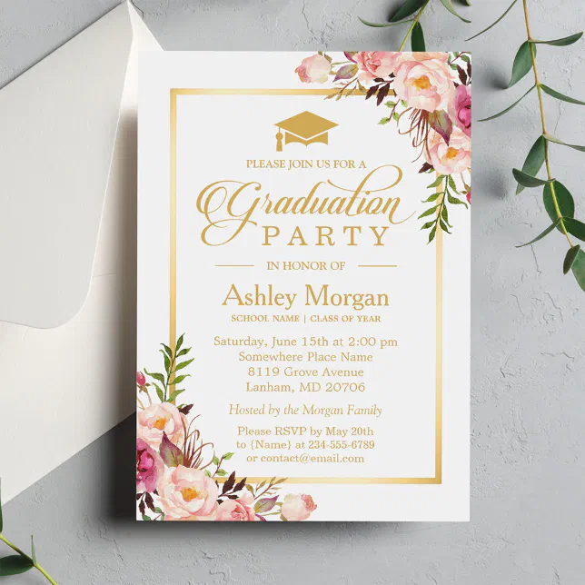 Graduation Party Chic Floral Golden Frame Invitation | Zazzle