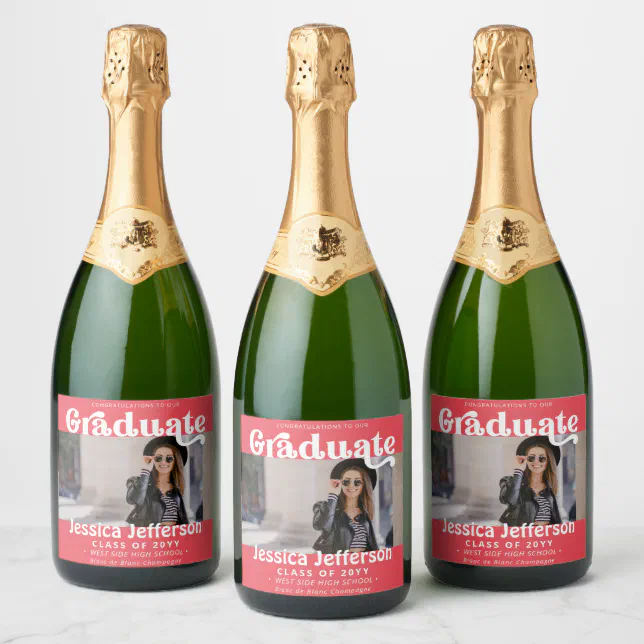Graduation Party Congrats photo Fancy Pink Sparkling Wine Label | Zazzle
