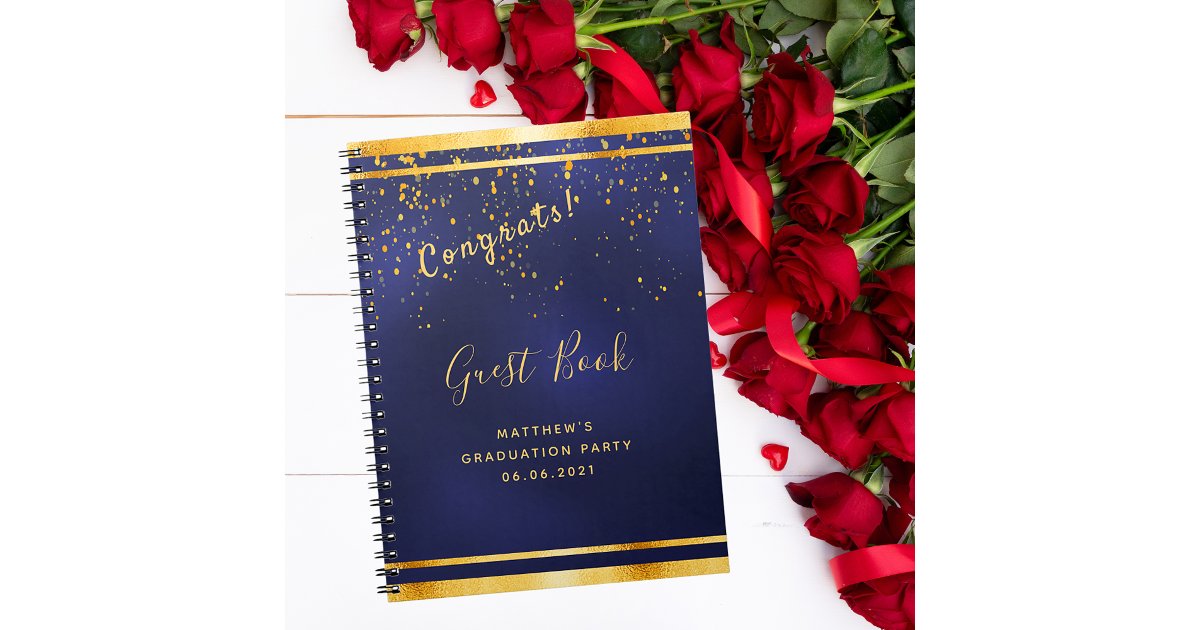 Graduation Party dark blue gold guest book | Zazzle