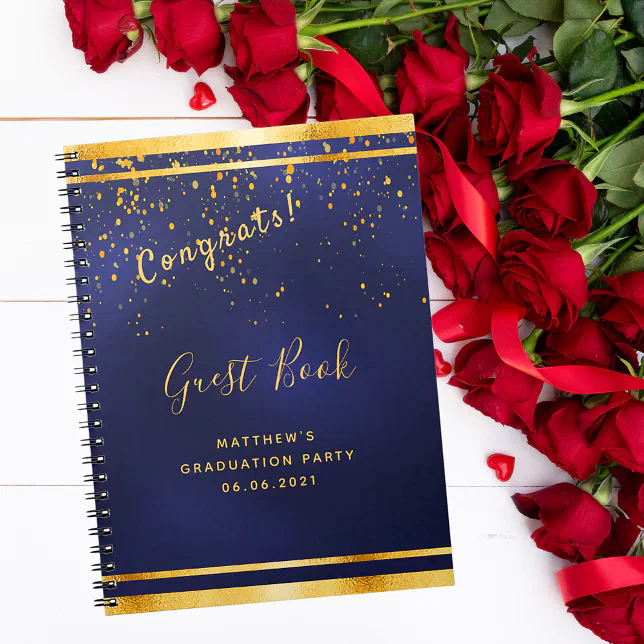 Graduation Party dark blue gold guest book | Zazzle