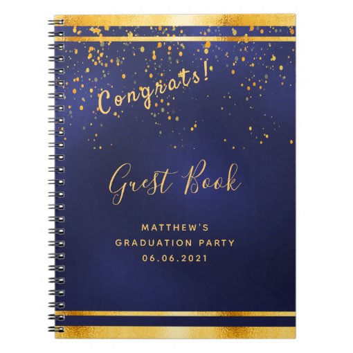 Graduation Party dark blue gold guest book | Zazzle