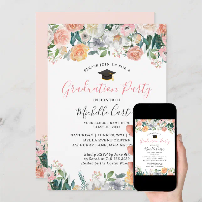 Graduation Party Elegant Garden Bloom Roses Floral Invitation | Zazzle