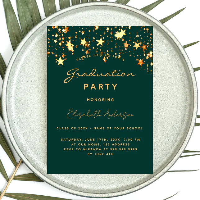 Graduation party emerald green gold stars invitation | Zazzle