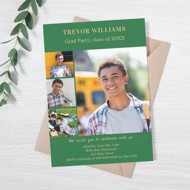 Graduation party emerald green photo collage invitation | Zazzle